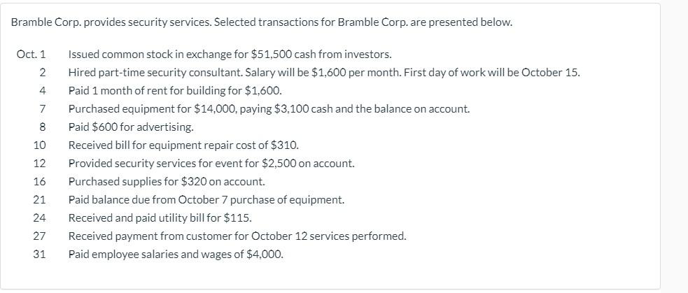 Solved Bramble Corp. provides security services. Selected | Chegg.com