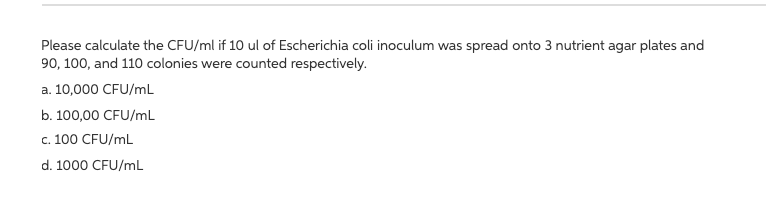 Solved Please calculate the CFU/ml if 10 ul of Escherichia | Chegg.com