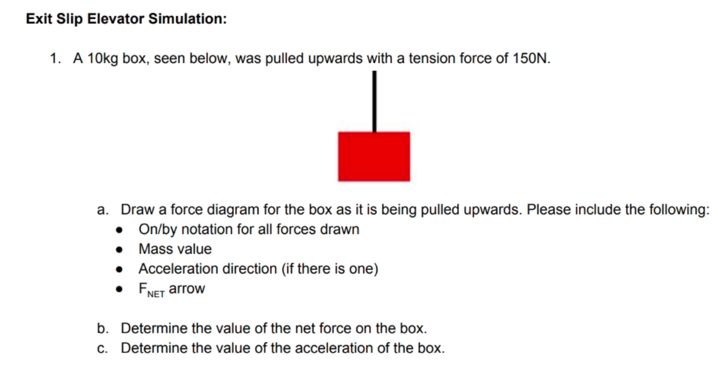 Solved Exit Slip Elevator Simulation: 1. A 10kg box, seen | Chegg.com