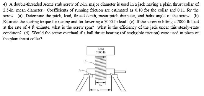 Solved 4) A double-threaded Acme stub screw of 2-in. major | Chegg.com