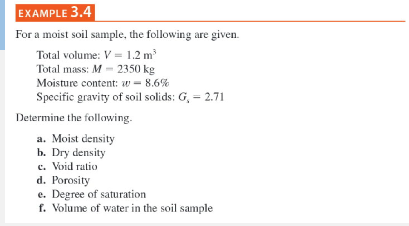 Solved EXAMPLE 3.4 For a moist soil sample, the following | Chegg.com