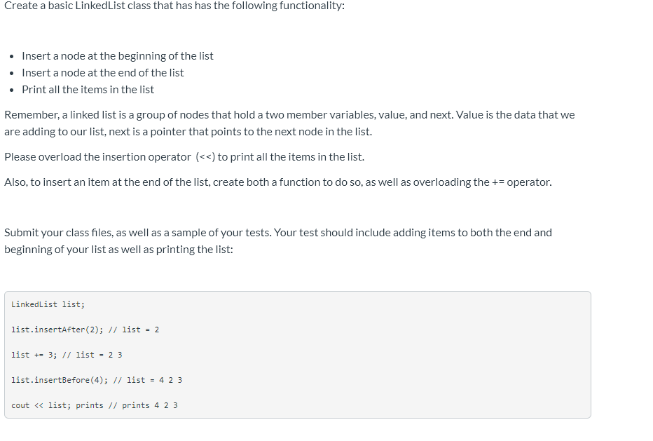 Solved Create a basic LinkedList class that has has the | Chegg.com