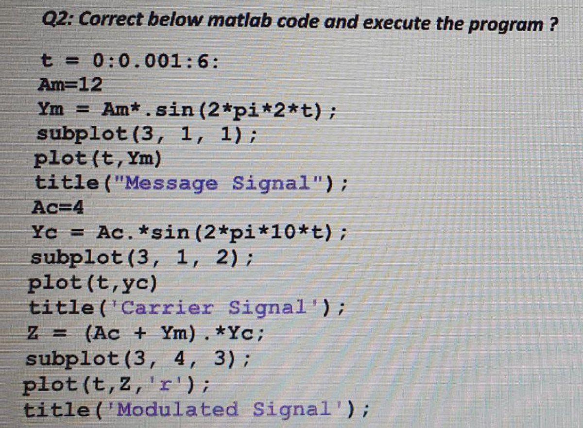 Solved Q2 Correct Below Matlab Code And Execute The Program 5118