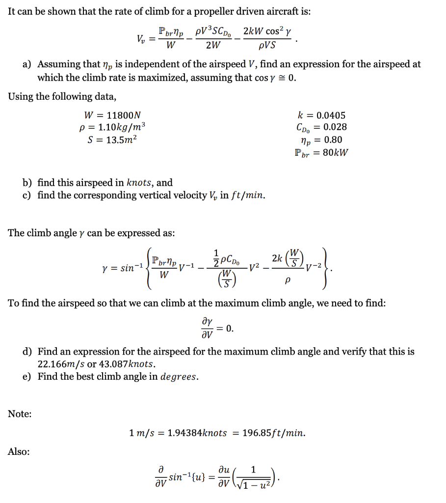 Solved It can be shown that the rate of climb for a | Chegg.com