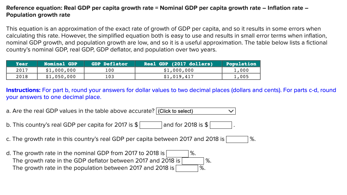 Solved Reference equation: Real GDP per capita growth rate = | Chegg.com