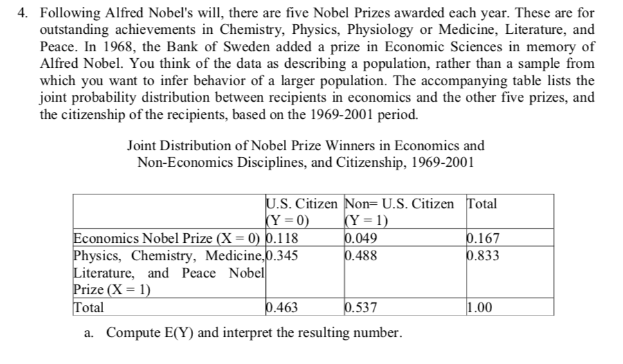Solved 4. Following Alfred Nobel's will, there are five | Chegg.com