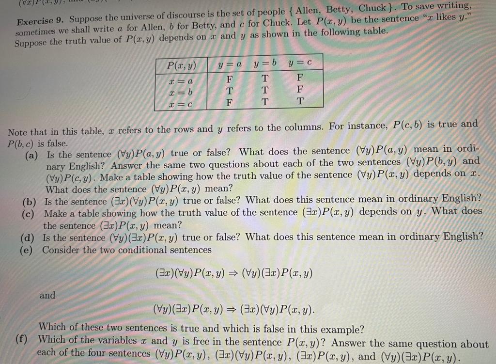 Solved Exercise 9 Suppose The Universe Of Discourse Is The 