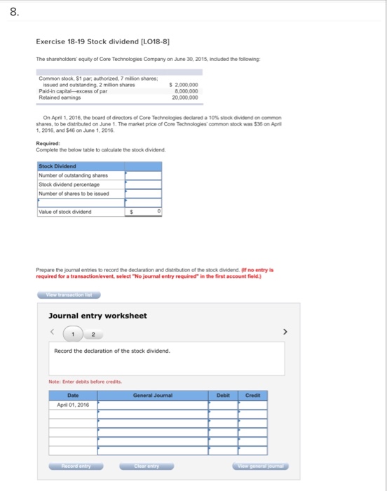 Solved 8 Exercise 18-19 Stock dividend [LO18-8 The | Chegg.com