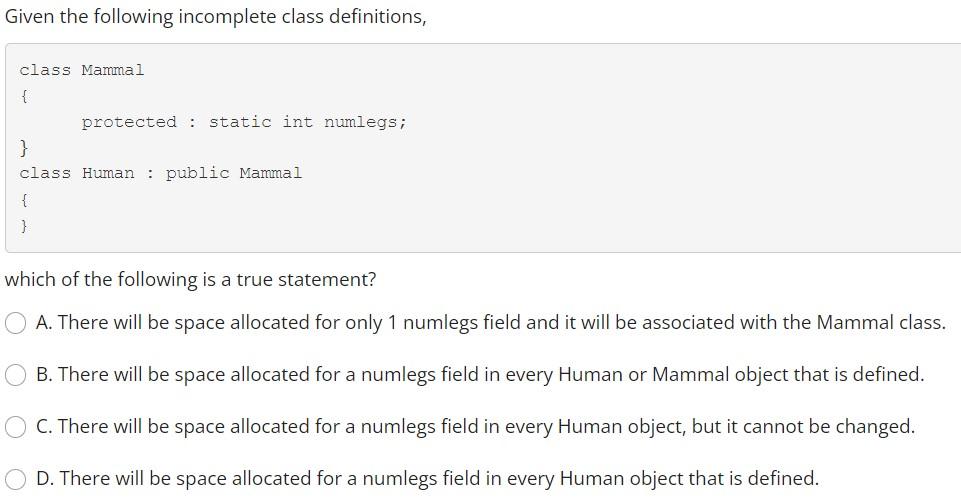 Solved Given the following incomplete class definitions, | Chegg.com