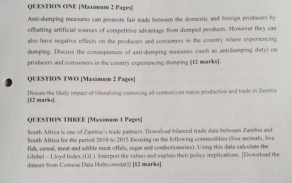 Solved QUESTION ONE Maximum 2 Pages) Anti-dumping measures | Chegg.com