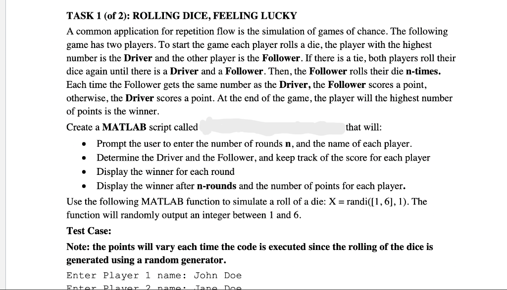 Solved TASK 1 (of 2): ROLLING DICE, FEELING LUCKY A common | Chegg.com