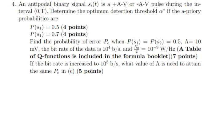 4. An antipodal binary signal si(t) is a A-V or -A-V | Chegg.com