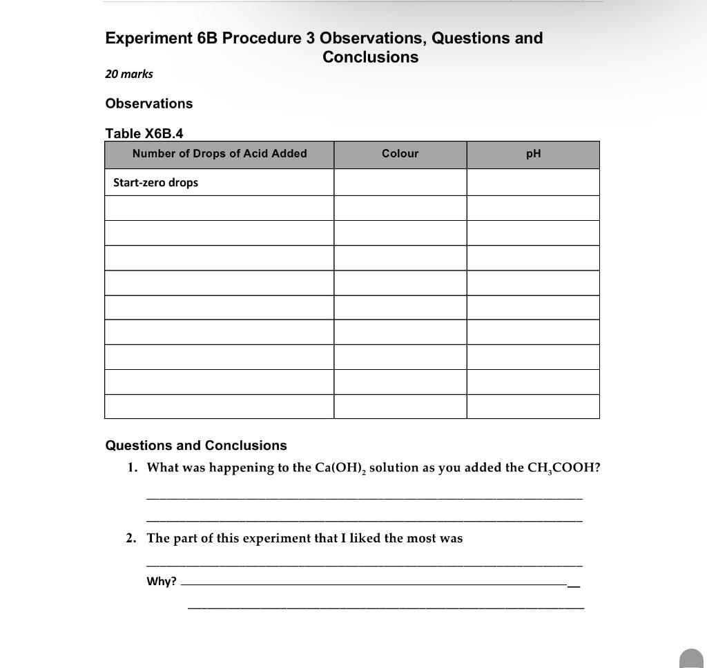 Solved Experiment 6B Procedure 3 Observations, Questions and | Chegg.com