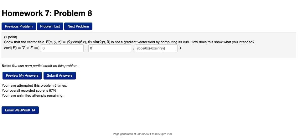 Solved Homework 7 Problem 8 Previous Problem Problem List