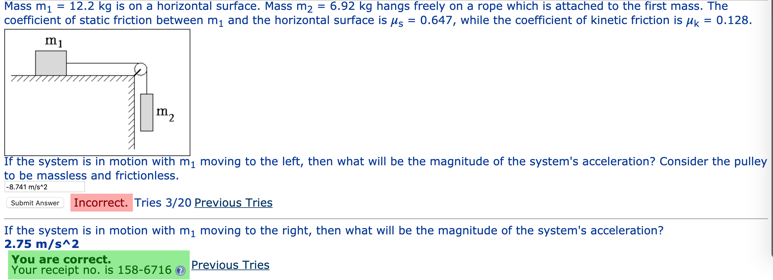Solved Mass m1 = 12.2 kg is on a horizontal surface. Mass m2 | Chegg.com