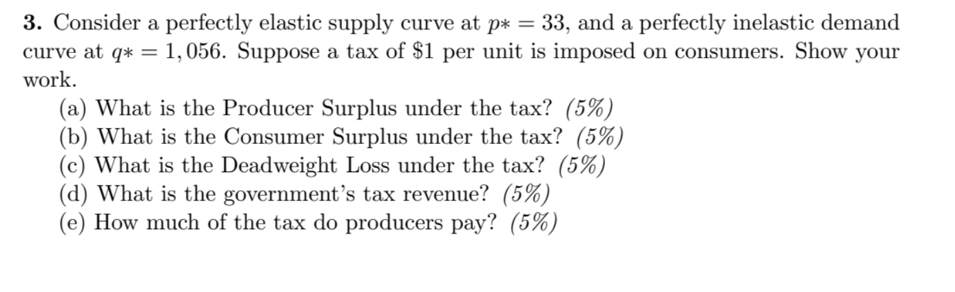 Solved 3. Consider a perfectly elastic supply curve at p* = | Chegg.com