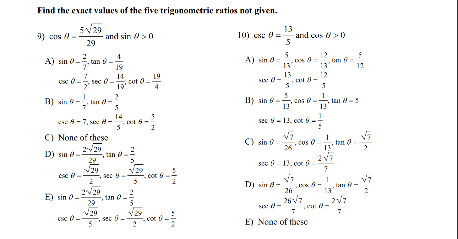 Solved Find the exact values of the five trigonometric | Chegg.com