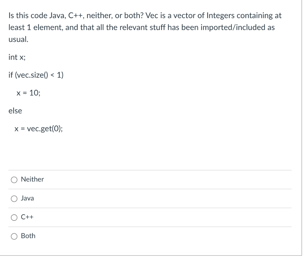 Solved Is this code Java, C++, neither, or both? Vec is a | Chegg.com