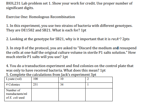 BIOL231 Lab problem set 1. Show your work for credit. | Chegg.com