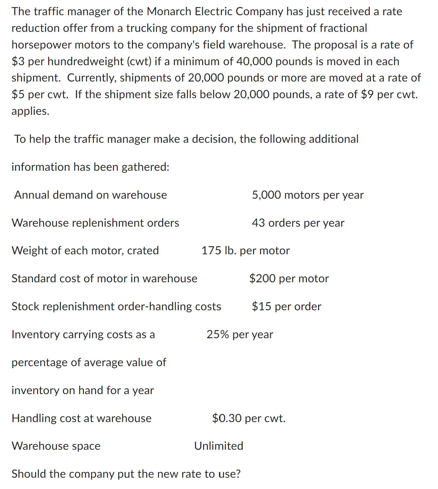 Solved The traffic manager of the Monarch Electric Company | Chegg.com