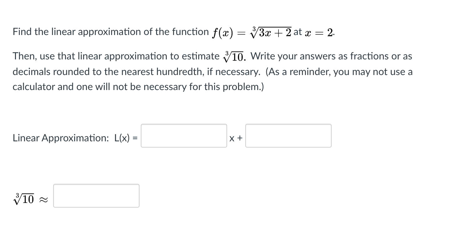 Solved Find the linear approximation of the function f(x) = | Chegg.com
