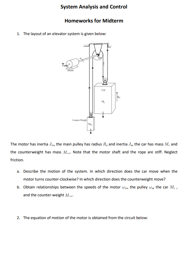 Solved System Analysis and Control Homeworks for Midterm 1. | Chegg.com