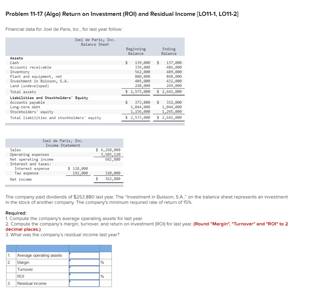 Solved Problem 11-17 (Algo) Return on Investment (ROI) and | Chegg.com