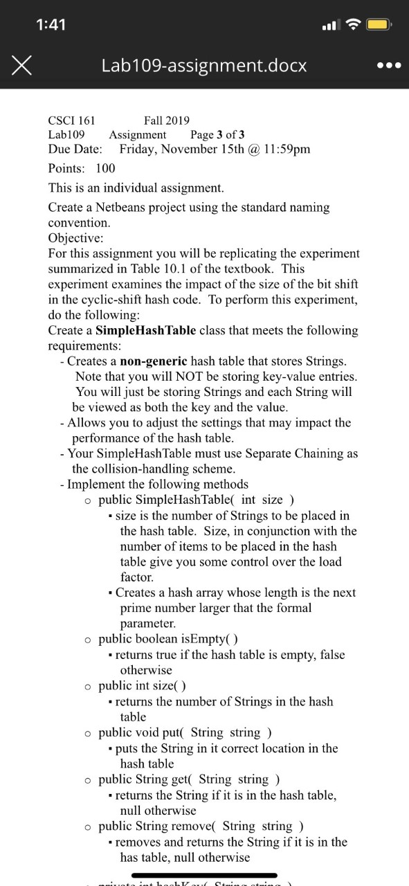 1:41 X Lab109-assignment.docx CSCI 161 Fall 2019 | Chegg.com