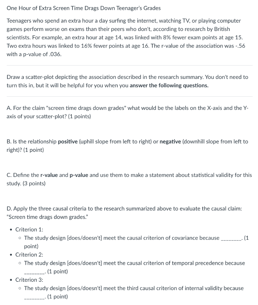 Solved One Hour of Extra Screen Time Drags Down Teenager's | Chegg.com