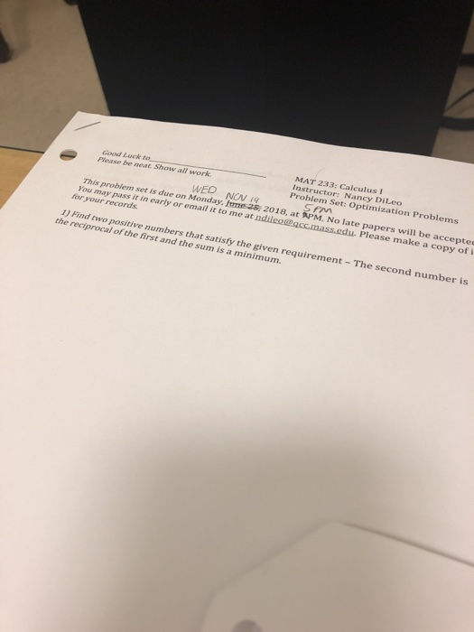 Solved MAT 233: Calculus I Instructor: Nancy DiLeo Problem | Chegg.com