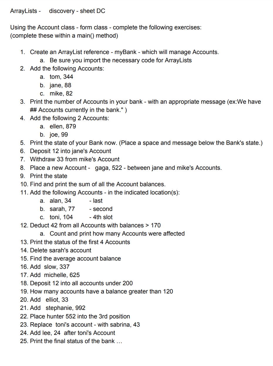 Solved ArrayLists - discovery - sheet DC Using the Account | Chegg.com