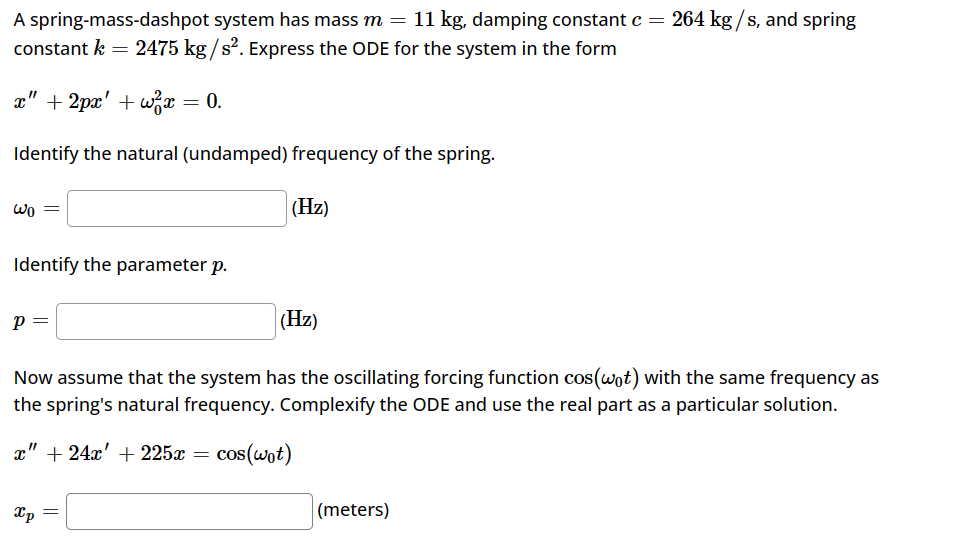 Solved A spring-mass-dashpot system has mass m=11 kg, | Chegg.com