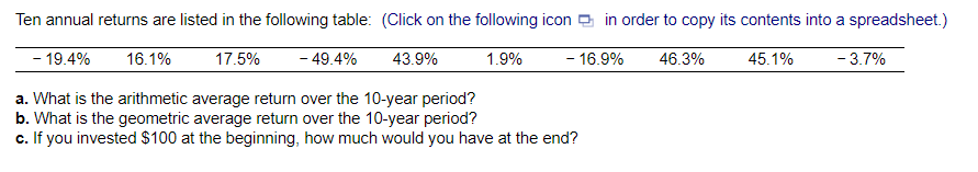 Solved a. What is the arithmetic average return over the 10 | Chegg.com