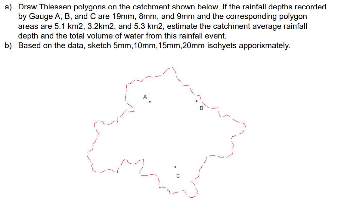 Solved a) Draw Thiessen polygons on the catchment shown | Chegg.com