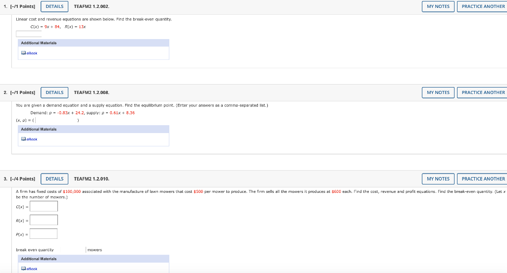 Solved Linear cost and revenue equations are shown below. | Chegg.com