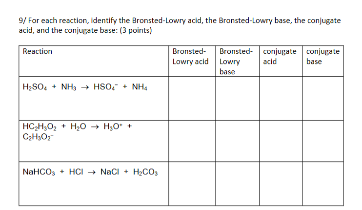 Solved 9/ For each reaction, identify the Bronsted-Lowry | Chegg.com