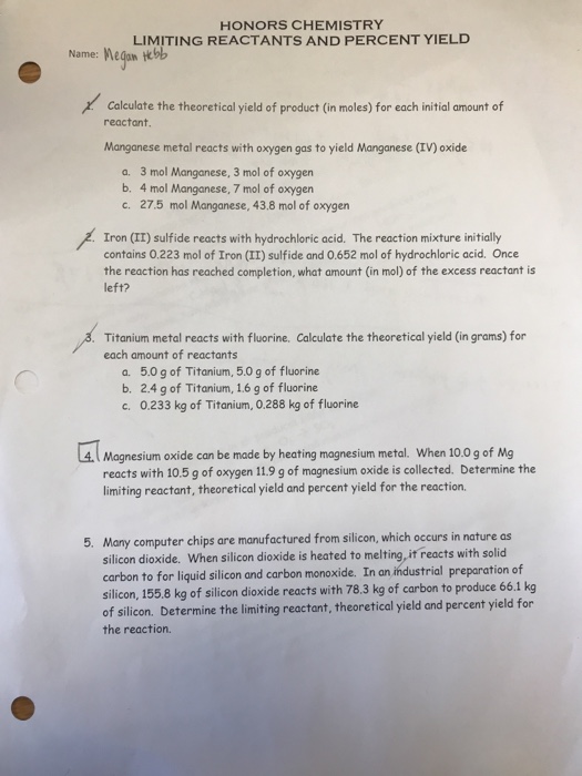 Solved HONORS CHEMISTRY LIMITING REACTANTS AND PERCENT YIELD | Chegg.com