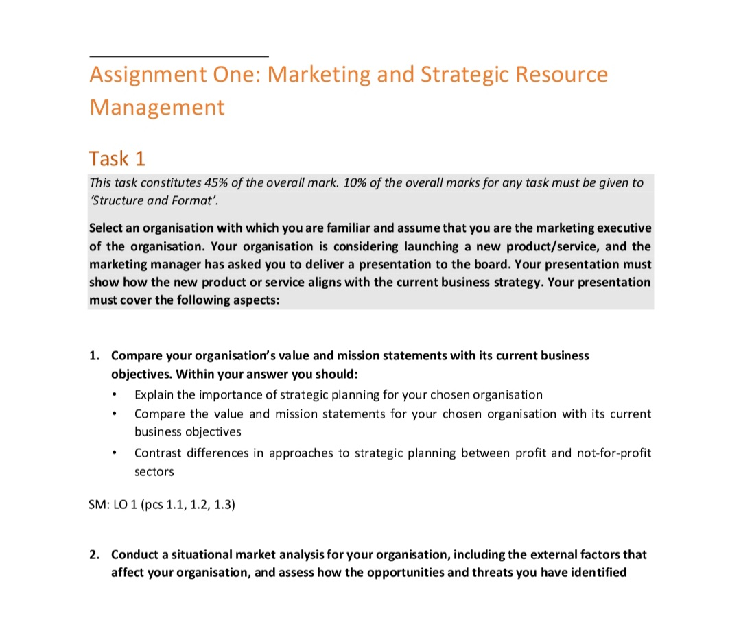 Assignment One: Marketing and Strategic Resource | Chegg.com