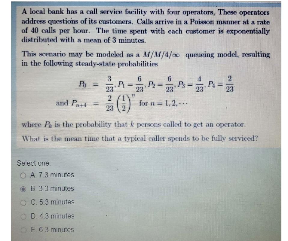 Solved A local bank has a call service facility with four | Chegg.com