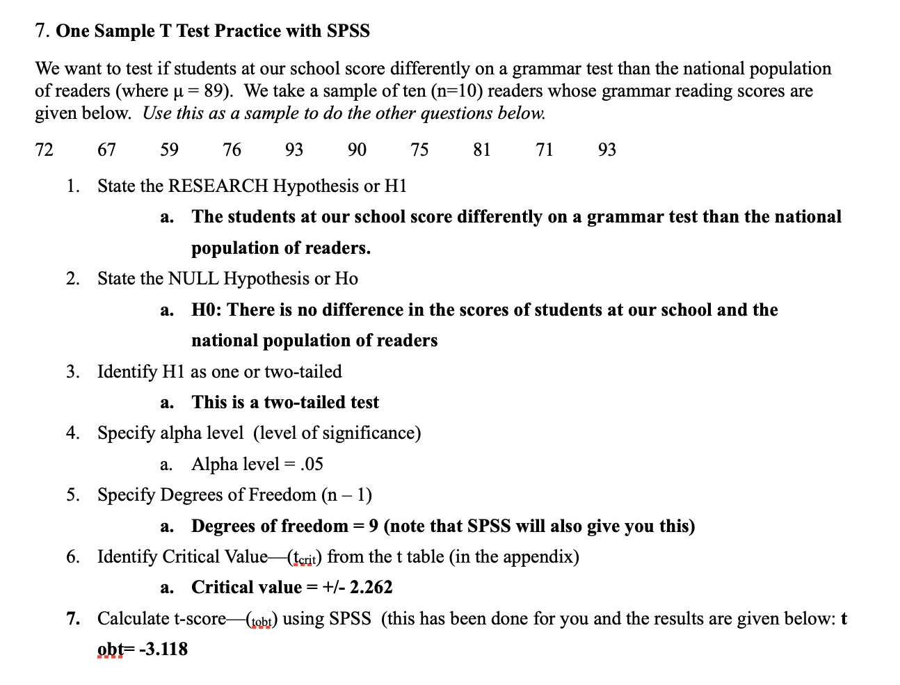 Solved 7. One Sample T Test Practice with SPSS We want to | Chegg.com