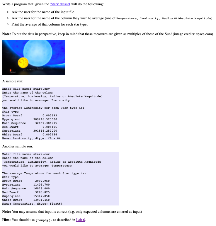 Solved Write a program that, given the 'Stars' dataset will | Chegg.com