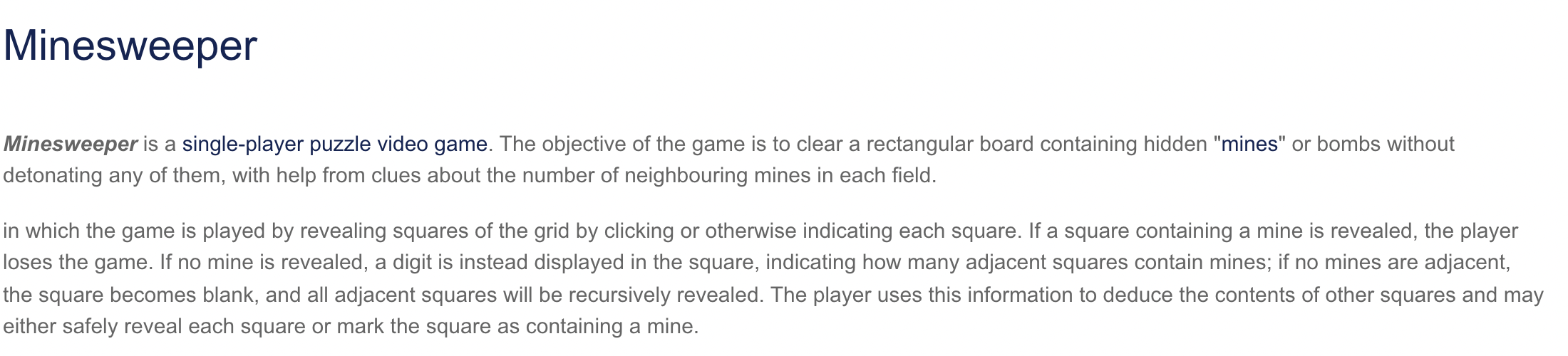 Solved Minesweeper Minesweeper is a single-player puzzle | Chegg.com