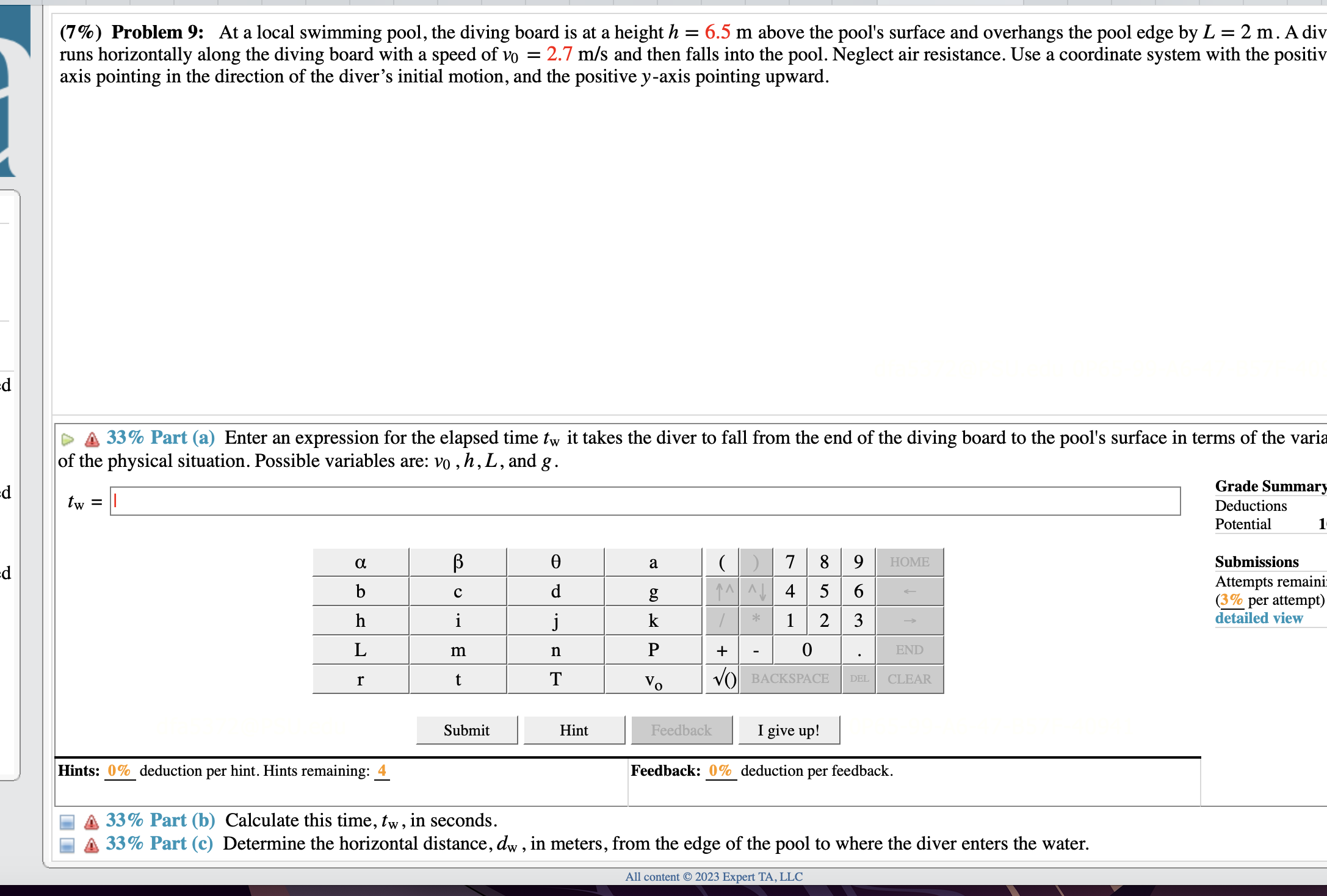 Solved (7\%) Problem 9: At a local swimming pool, the diving | Chegg.com