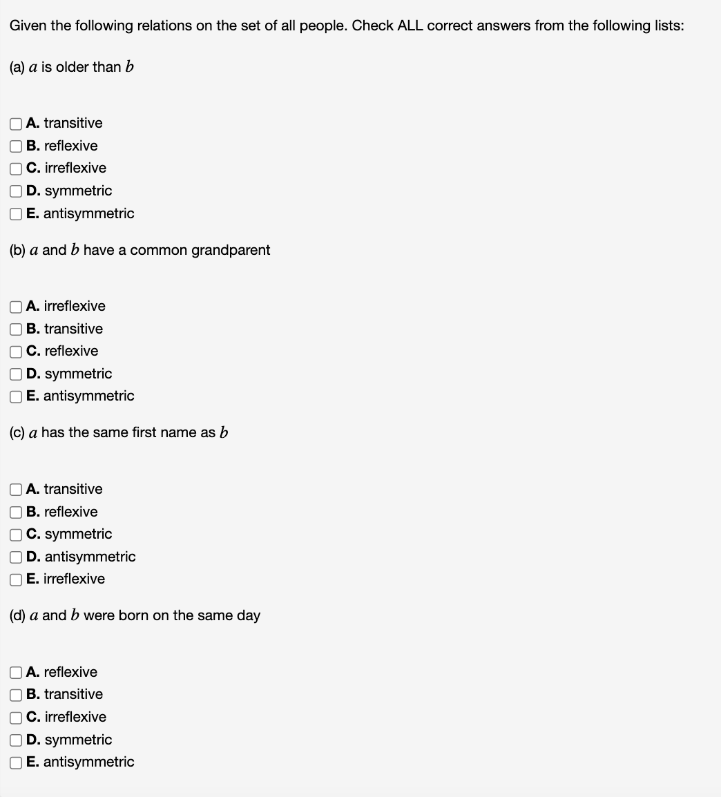 Given the following relations on the set of all | Chegg.com