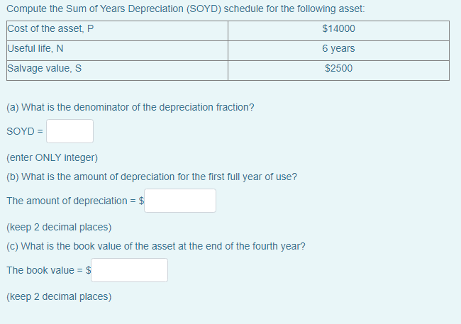 Solved Compute the Sum of Years Depreciation (SOYD) schedule | Chegg.com