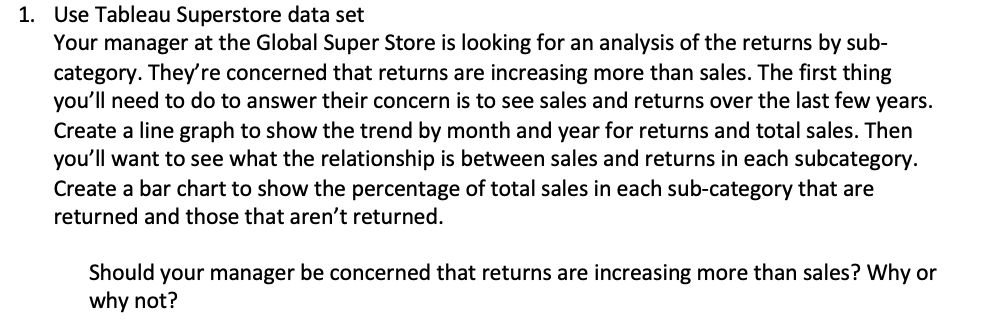 Solved 1. Use Tableau Superstore data set Your manager at | Chegg.com