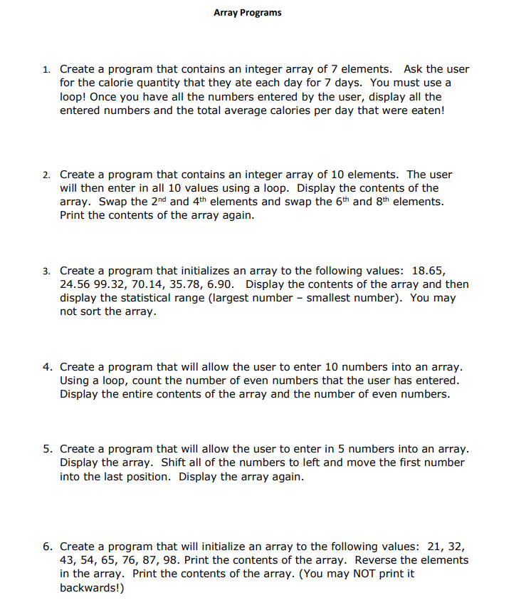 Solved Array Programs 1. Create a program that contains an | Chegg.com