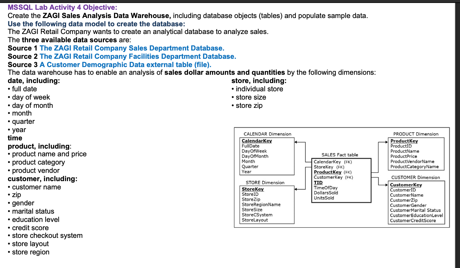 . MSSQL Lab Activity 4 Objective: Create the ZAGI | Chegg.com