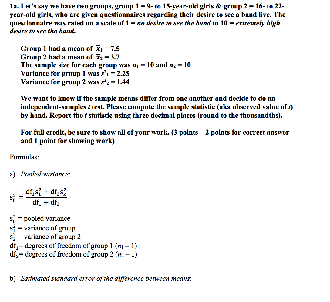 Solved 1a. Let's say we have two groups, group 1=9 - to 15 | Chegg.com