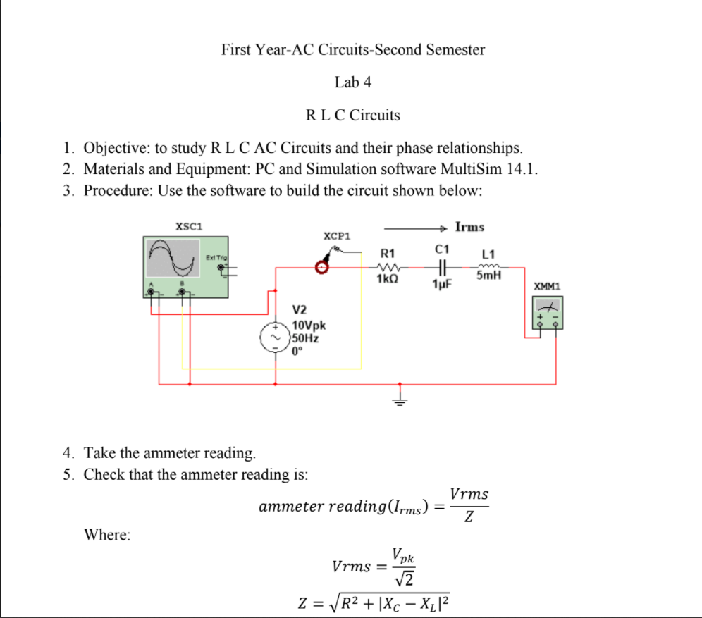 Solved First Year-AC Circuits-Second Semester Lab 4 RLC | Chegg.com